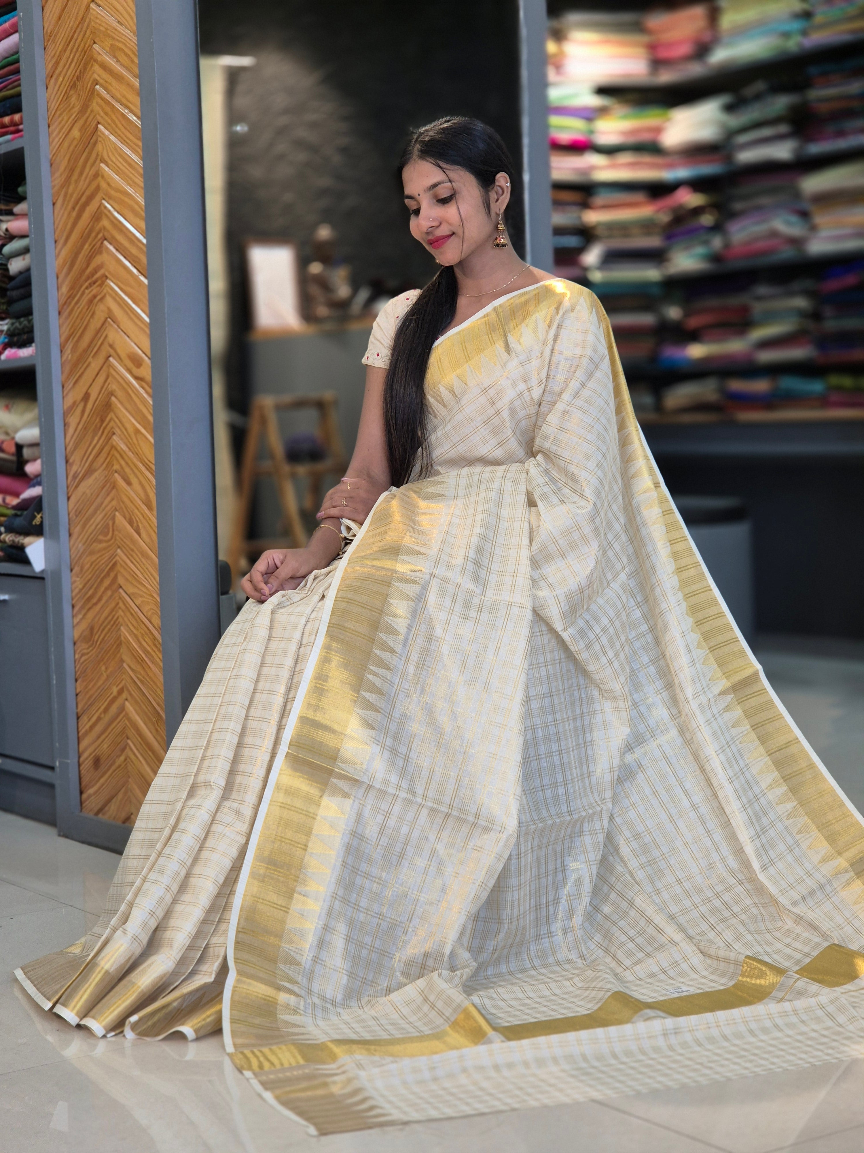 Check Weaving Kerala Cotton Saree | GAT176 – Aham Designer Boutique
