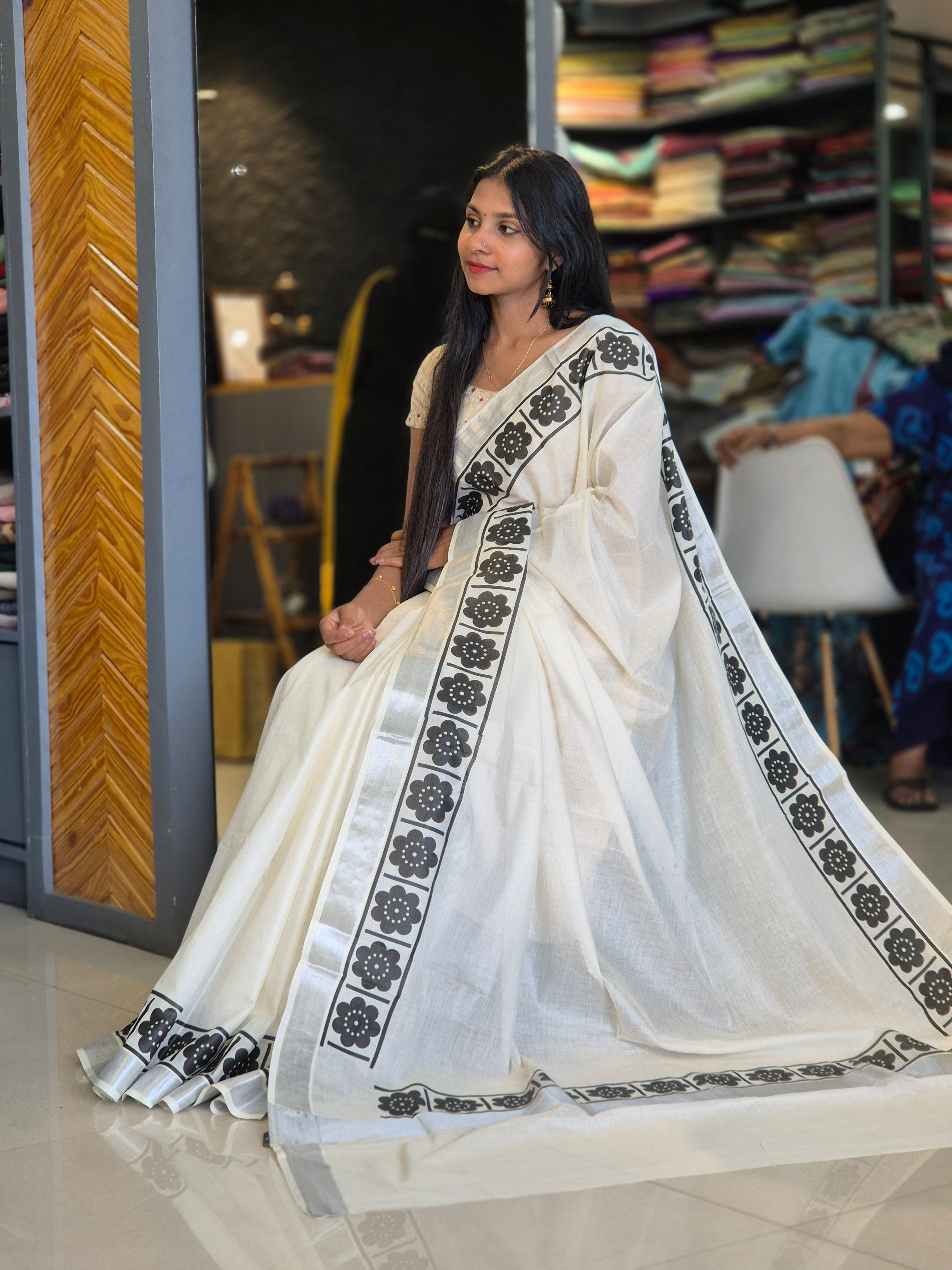 Floral Pattern Kerala Cotton Saree | AHR463 – Aham Designer Boutique
