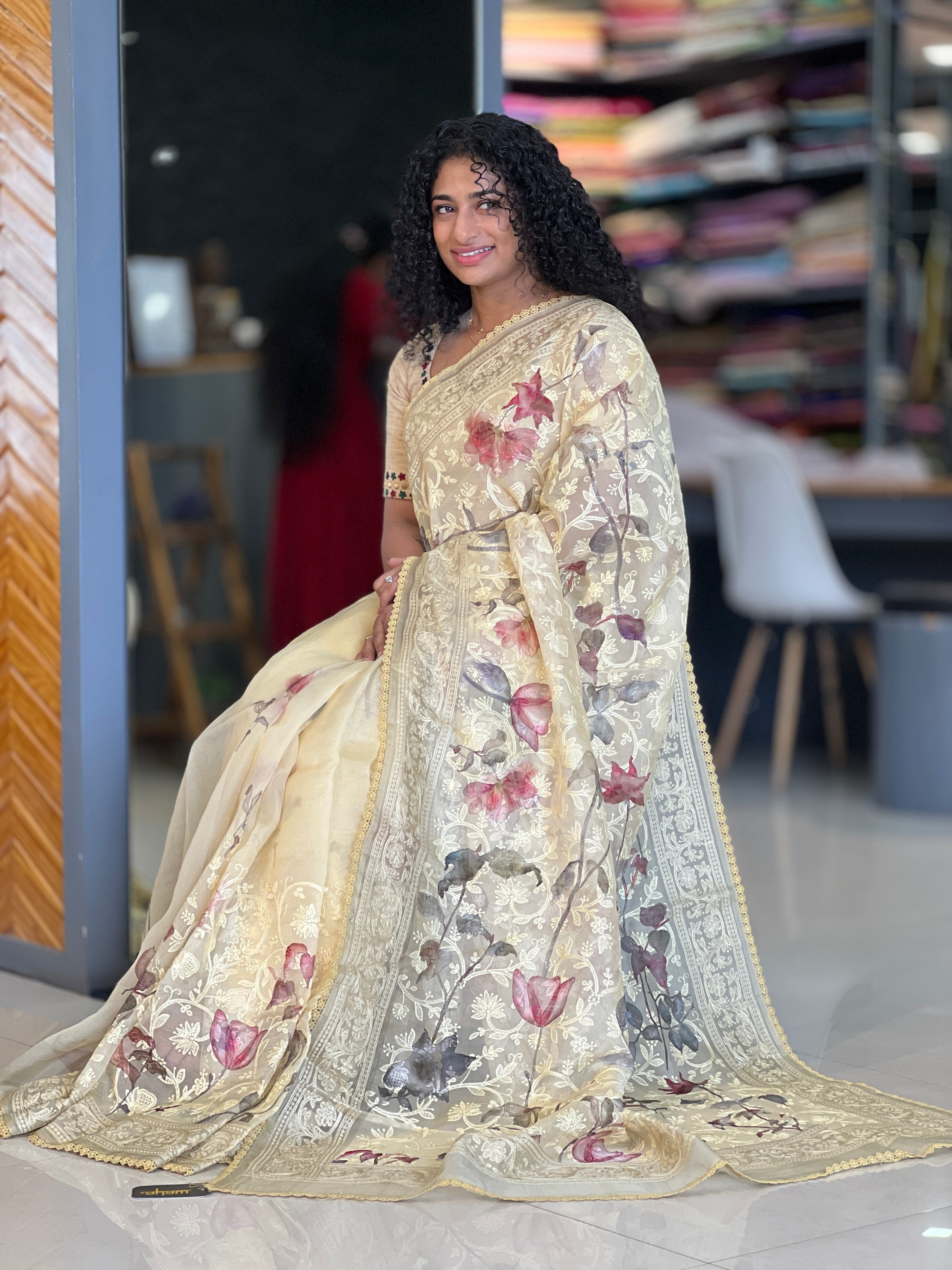 Chikankari Machine Embroidery Silk Organza Saree | SMC137 – Aham ...