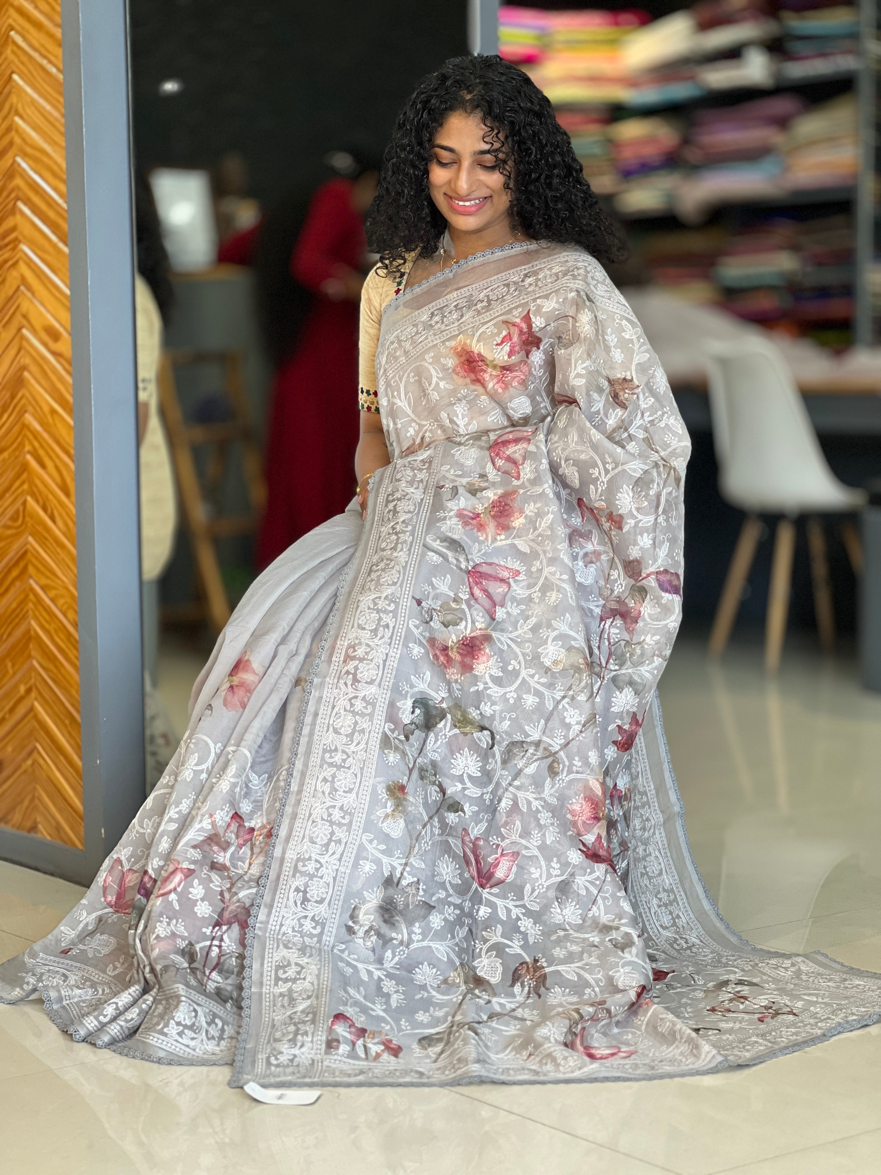 Chikankari Machine Embroidery Silk Organza Saree | SMC139 – Aham ...