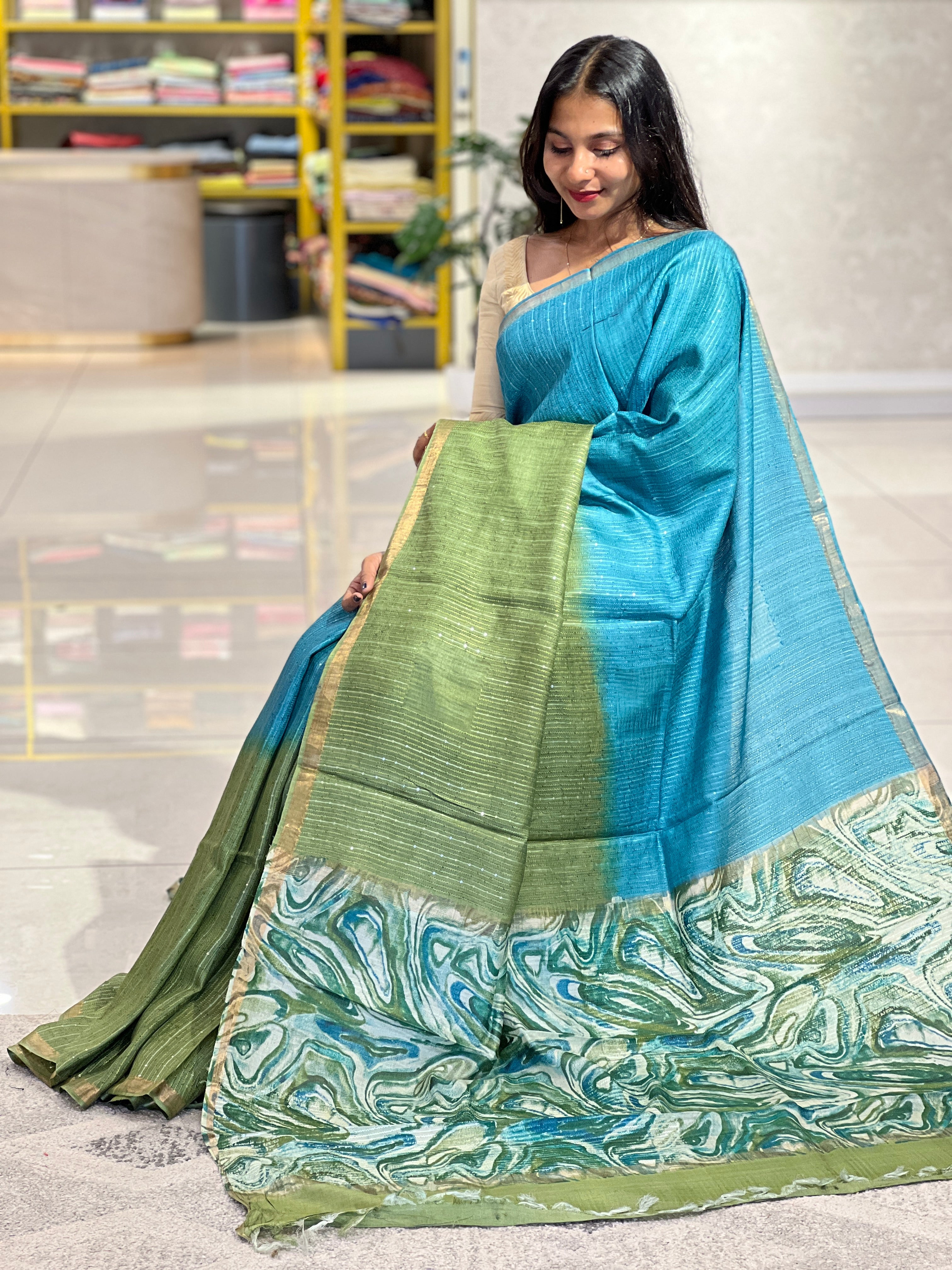 Kesiya & Digital Print Detailed Tussar Saree | ACT1350 – Aham Designer ...