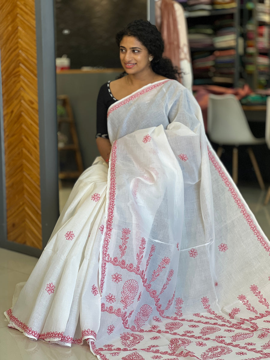 White Color Embroidered Cotton Saree | SRC137