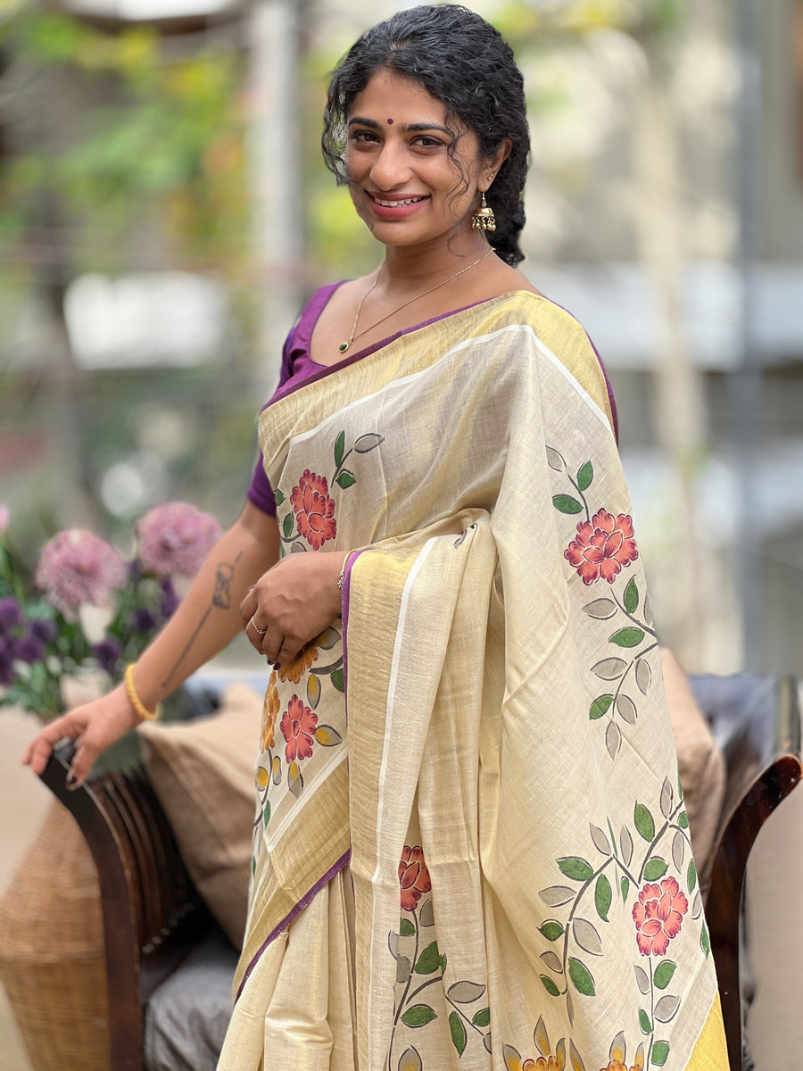 Hand Painted Tissue Kerala Saree | BLD366