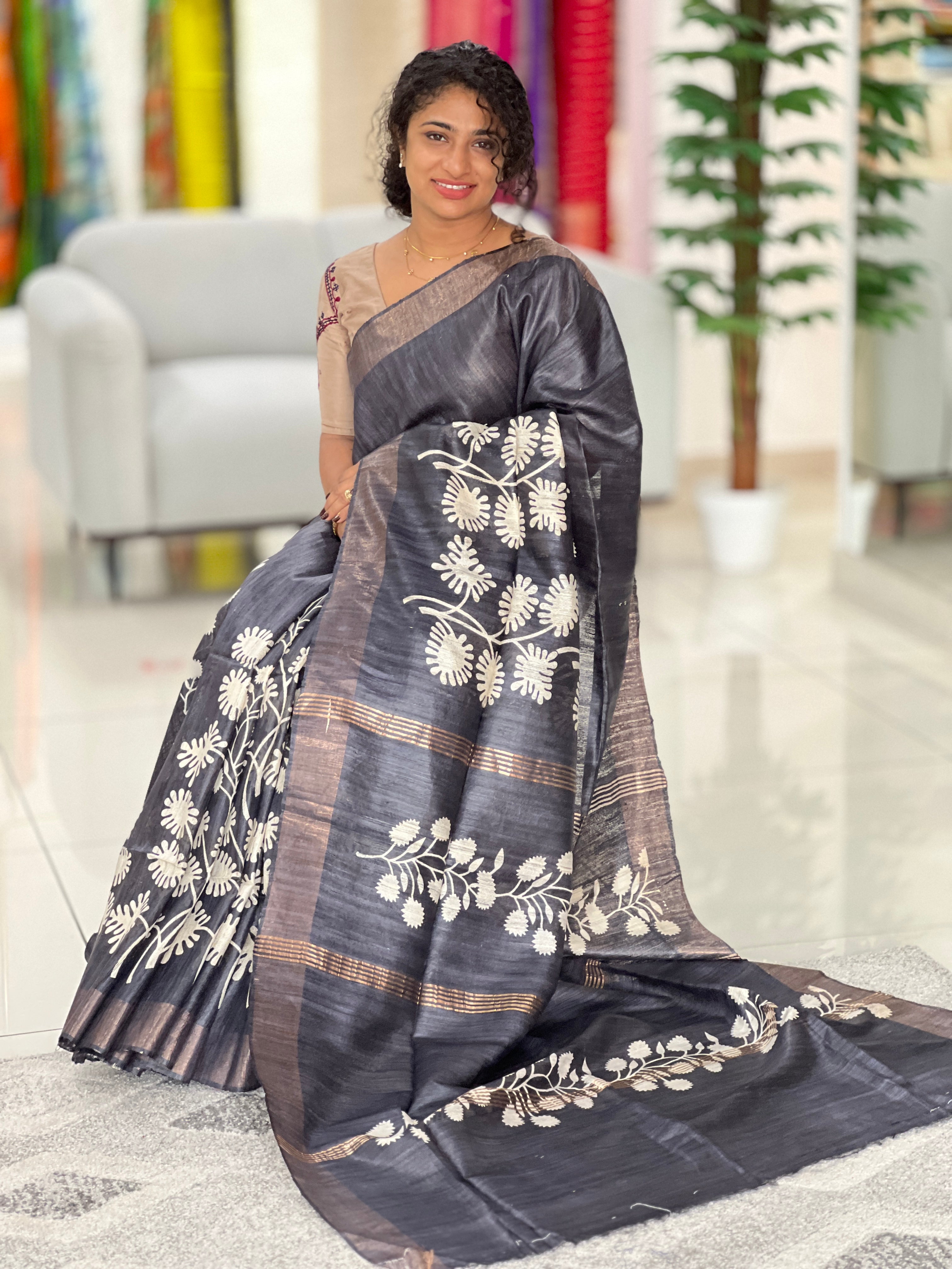 Floral Printed Geecha Tussar Saree | SK363 – Aham Designer Boutique