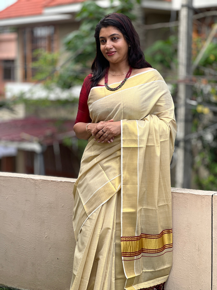Check Weaving Kerala Cotton Saree | GAT195