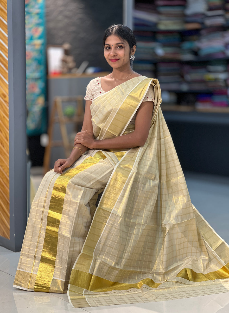 Check Weaving Tissue Set Mundu | GAT256