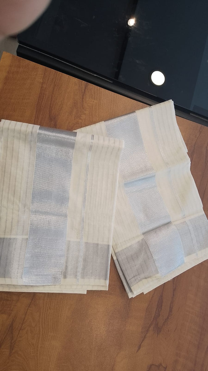 Line Weaving Pattern Tissue Kerala Cotton Set Mundu ( Without Blouse)